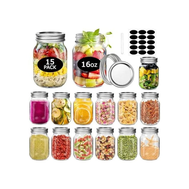 15-Pcs 16 oz Glass Mason Canning Jars with Airtight Leak-Proof Lids ...