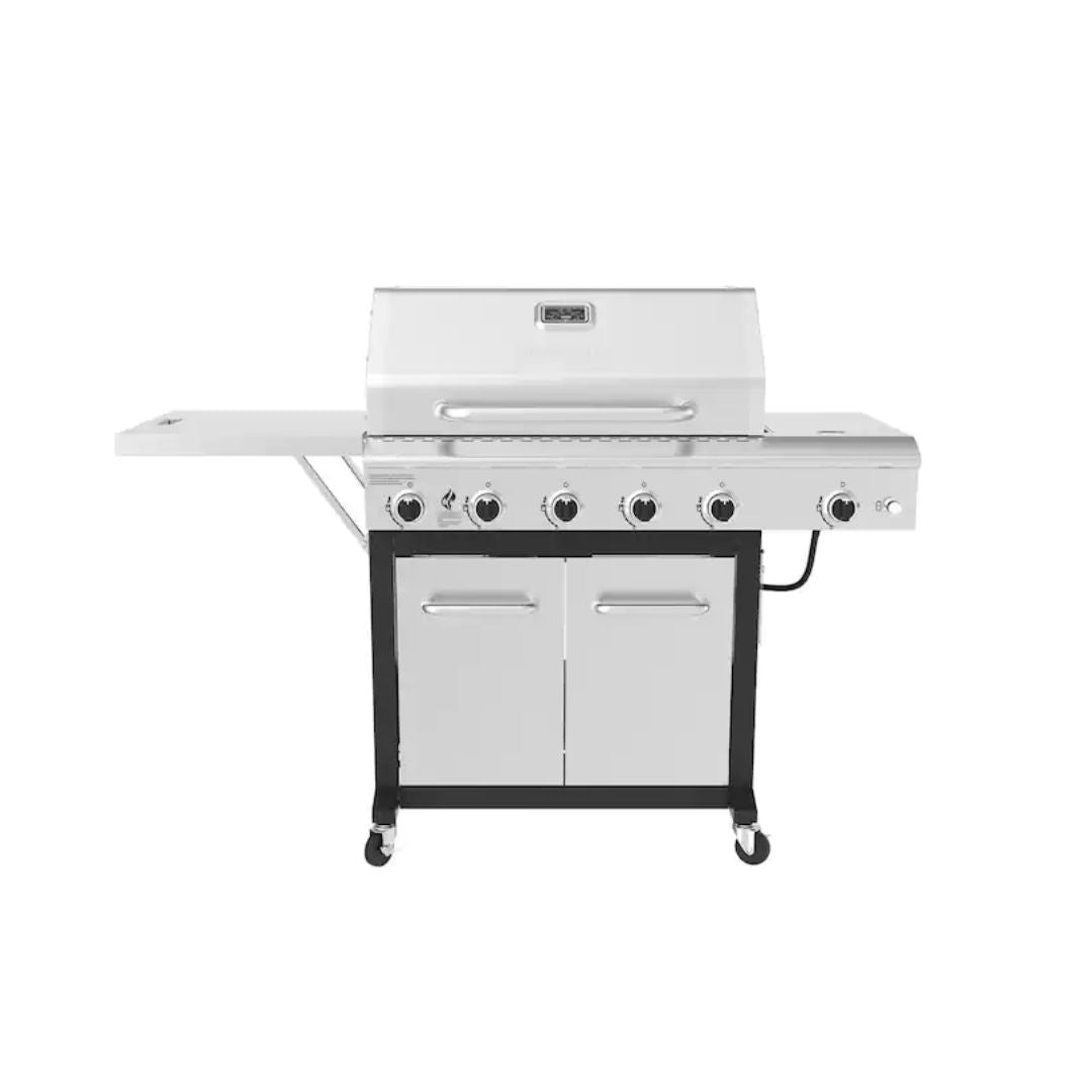 5-Burner Propane Gas Grill in Stainless Steel with Side Burner and Fol ...